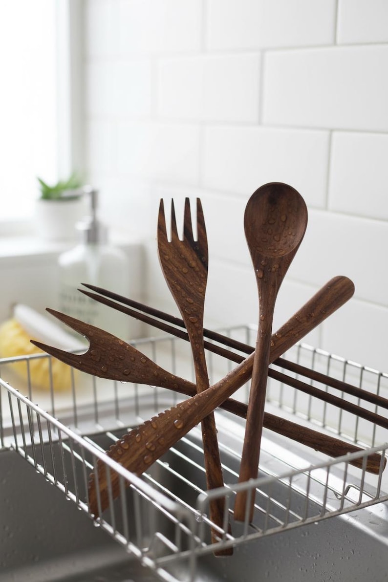 5-piece Wooden Cutlery Set With Holder – Rosewood Spoon, Fork, Knife ...
