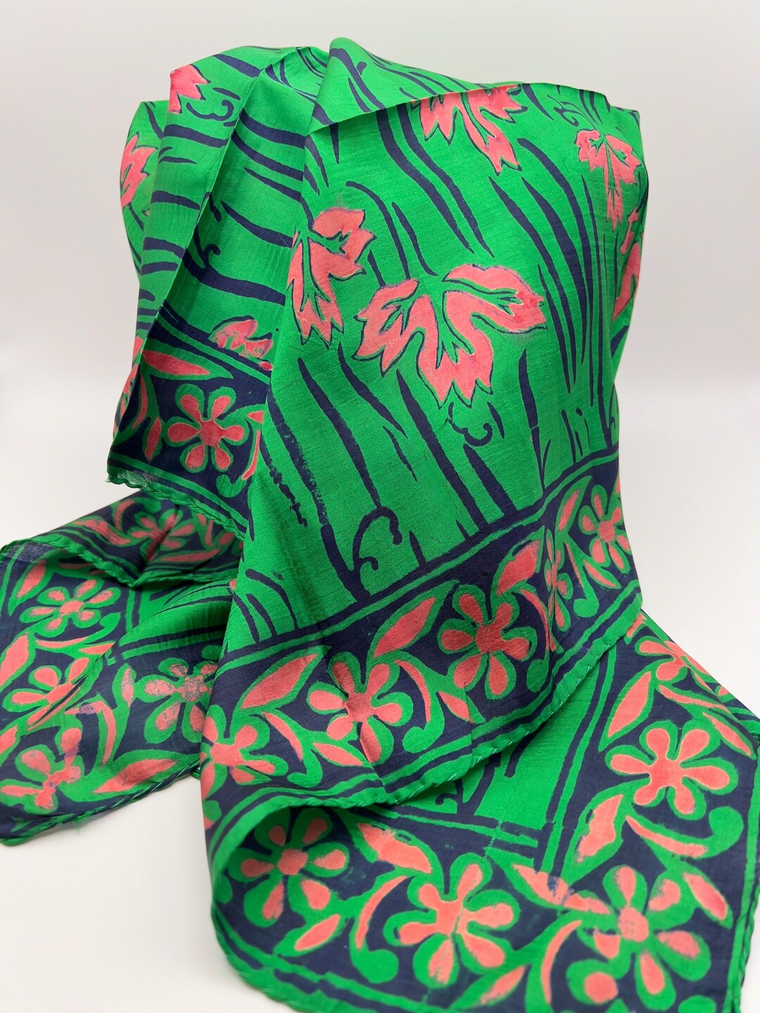 Vintage Hand-sewn Silk Scarf From India, Botanical Motif - Etsy