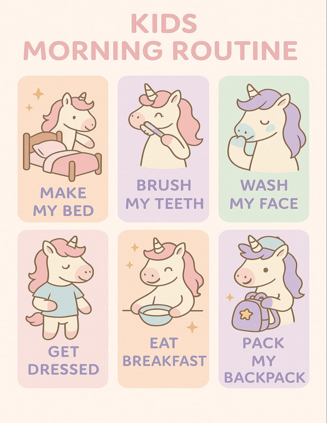 Unicorn Morning Routine Chart for Girls Printable Visual Schedule for ...
