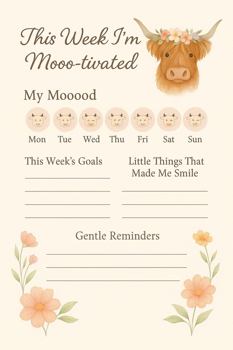 Highland Cow Mood Tracker: Printable Weekly Planner Page - Etsy