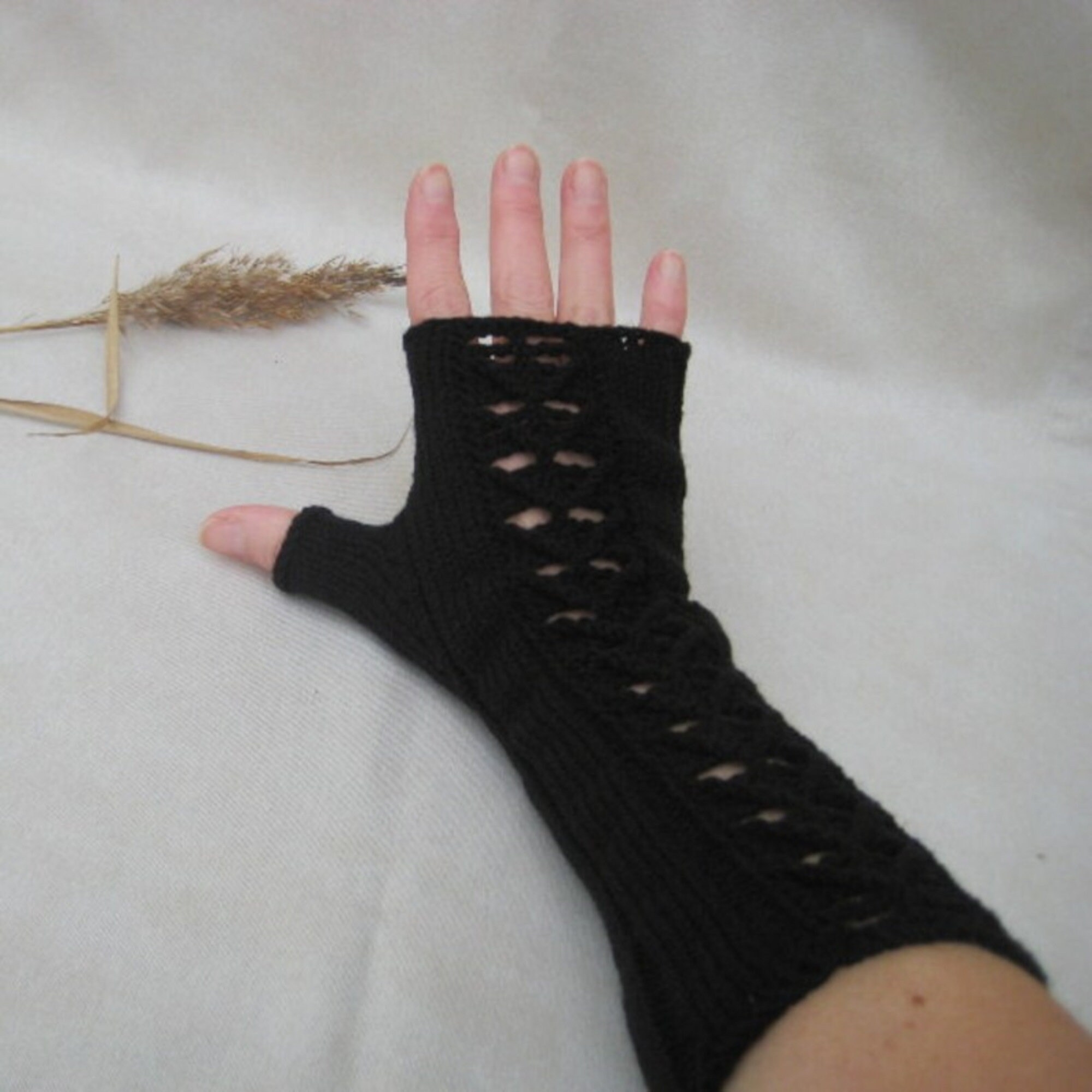 Long Knit Fingerless Gloves Fingerless Mittens Lace Rib, Antique White ...