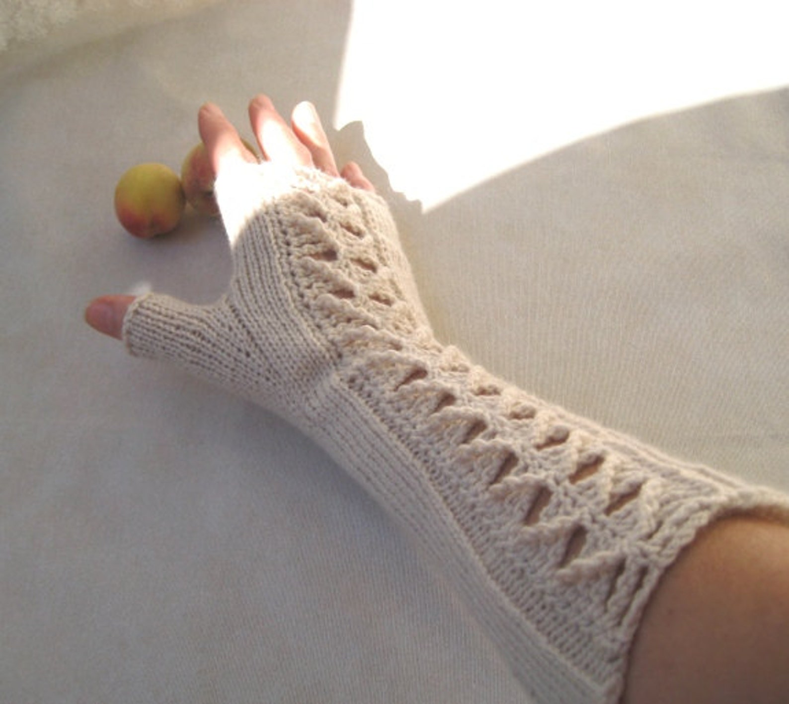 Long Knit Fingerless Gloves Fingerless Mittens Lace Rib, Antique White ...