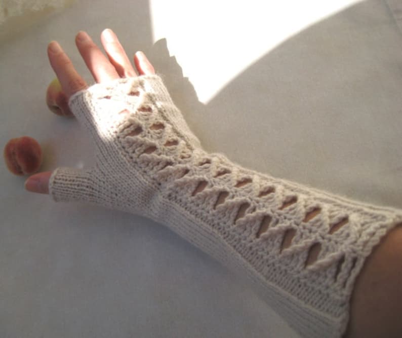 Long Knit Fingerless Gloves Fingerless Mittens Lace Rib, Antique White ...