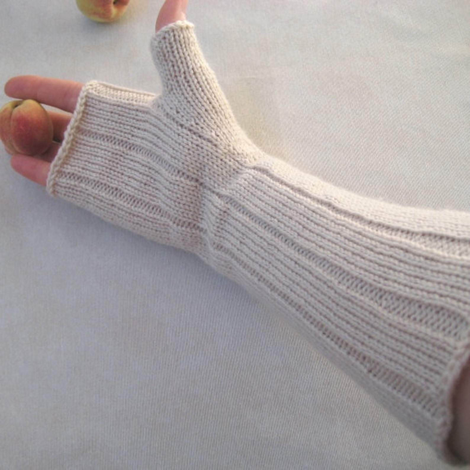 Long Knit Fingerless Gloves Fingerless Mittens Lace Rib, Antique White ...