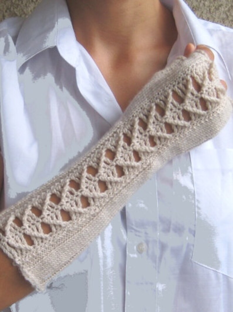 Long Knit Fingerless Gloves Fingerless Mittens Lace Rib, Antique White ...