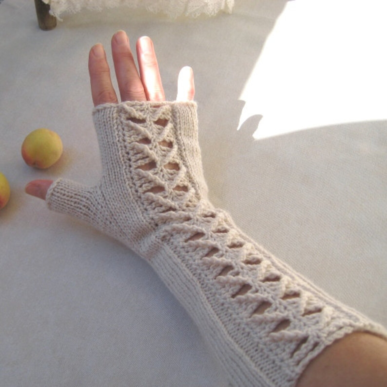 Long Knit Fingerless Gloves Fingerless Mittens Lace Rib - Etsy
