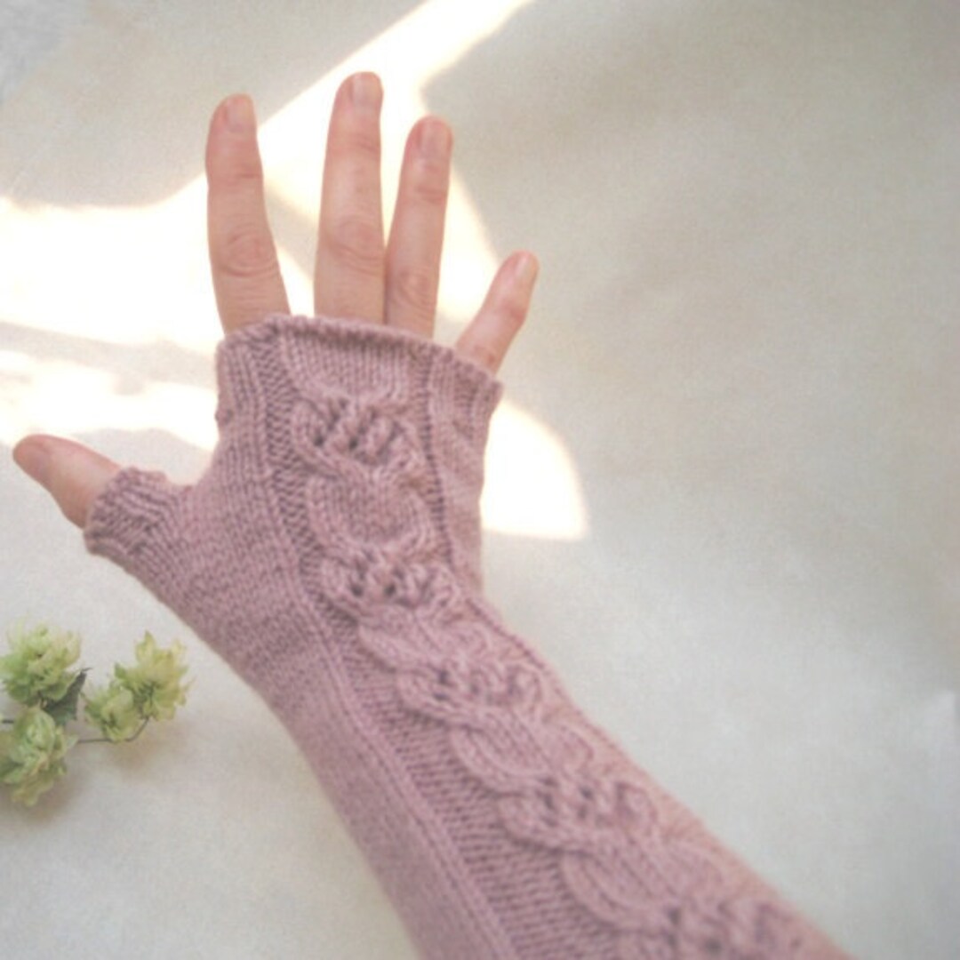 Long Ash Rose Fingerless Gloves, Cable Girl Fingerless Mittens, Knit ...