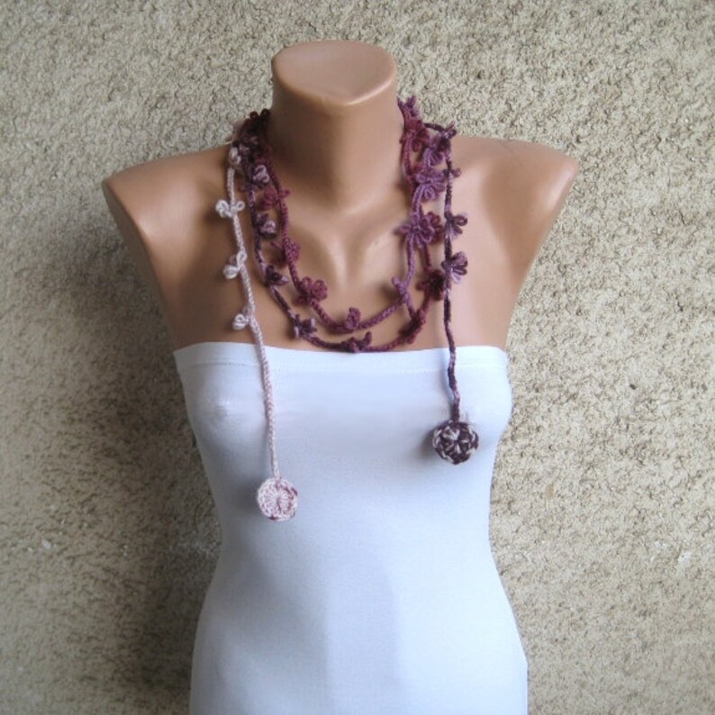 Plum Scarf Lariat Floral Necklace Crocheted Purple / Ivory / | Etsy