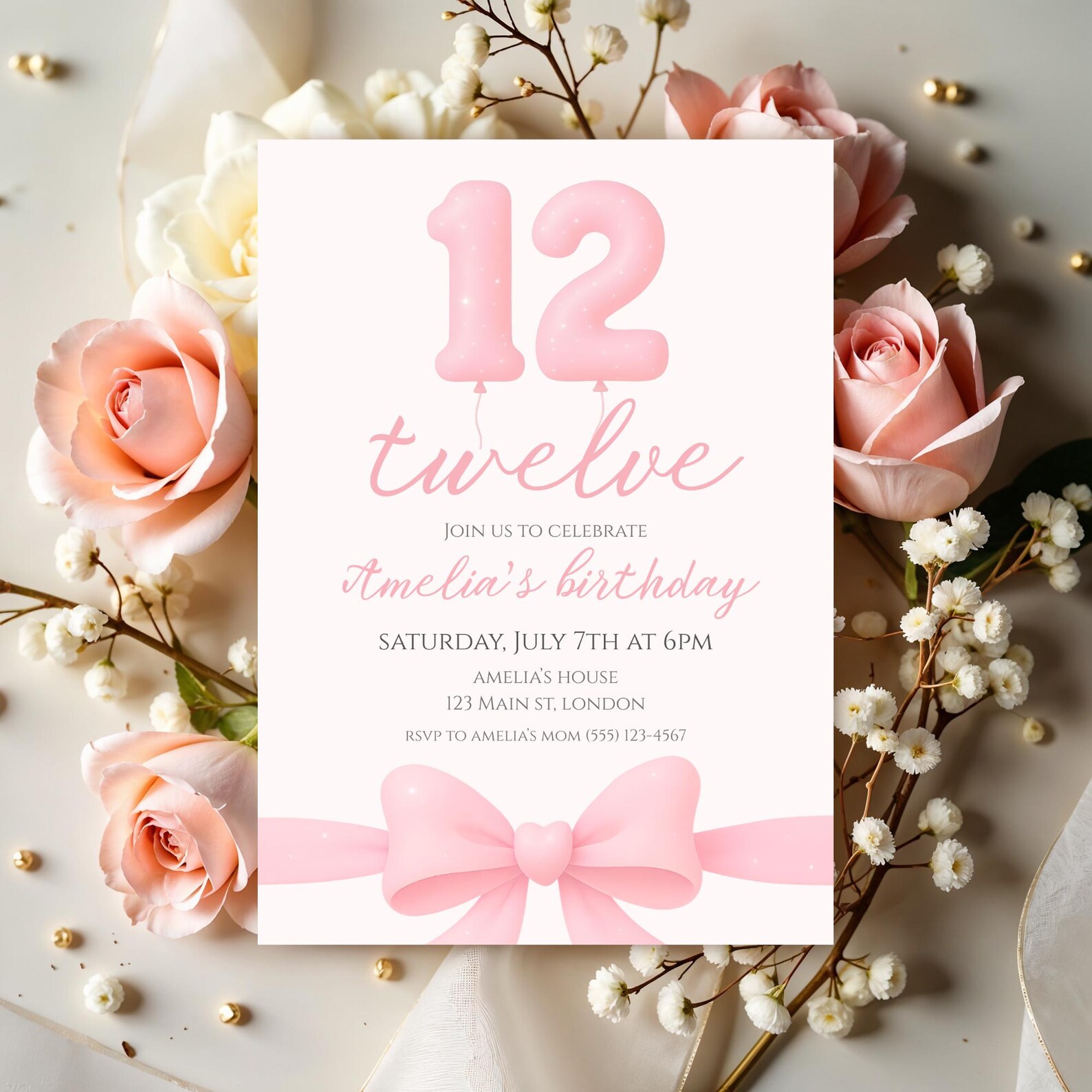 12th Birthday Balloons Invitation Girl Twelveth Birthday Party Invite ...