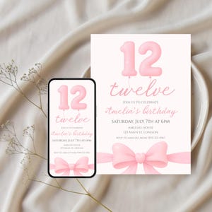 12th Birthday Balloons Invitation Girl Twelveth Birthday Party Invite ...