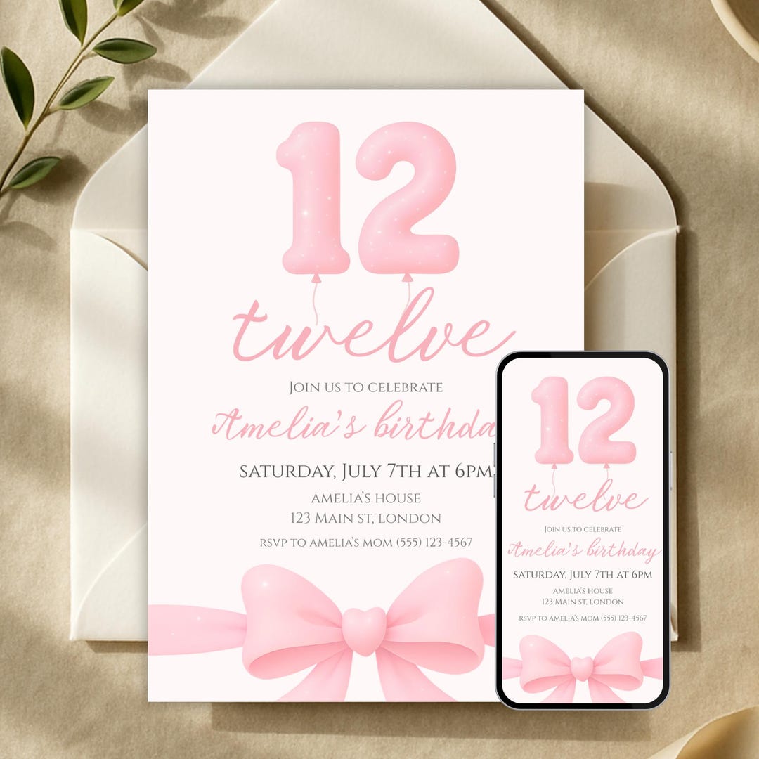 12th Birthday Balloons Invitation Girl Twelveth Birthday Party Invite ...