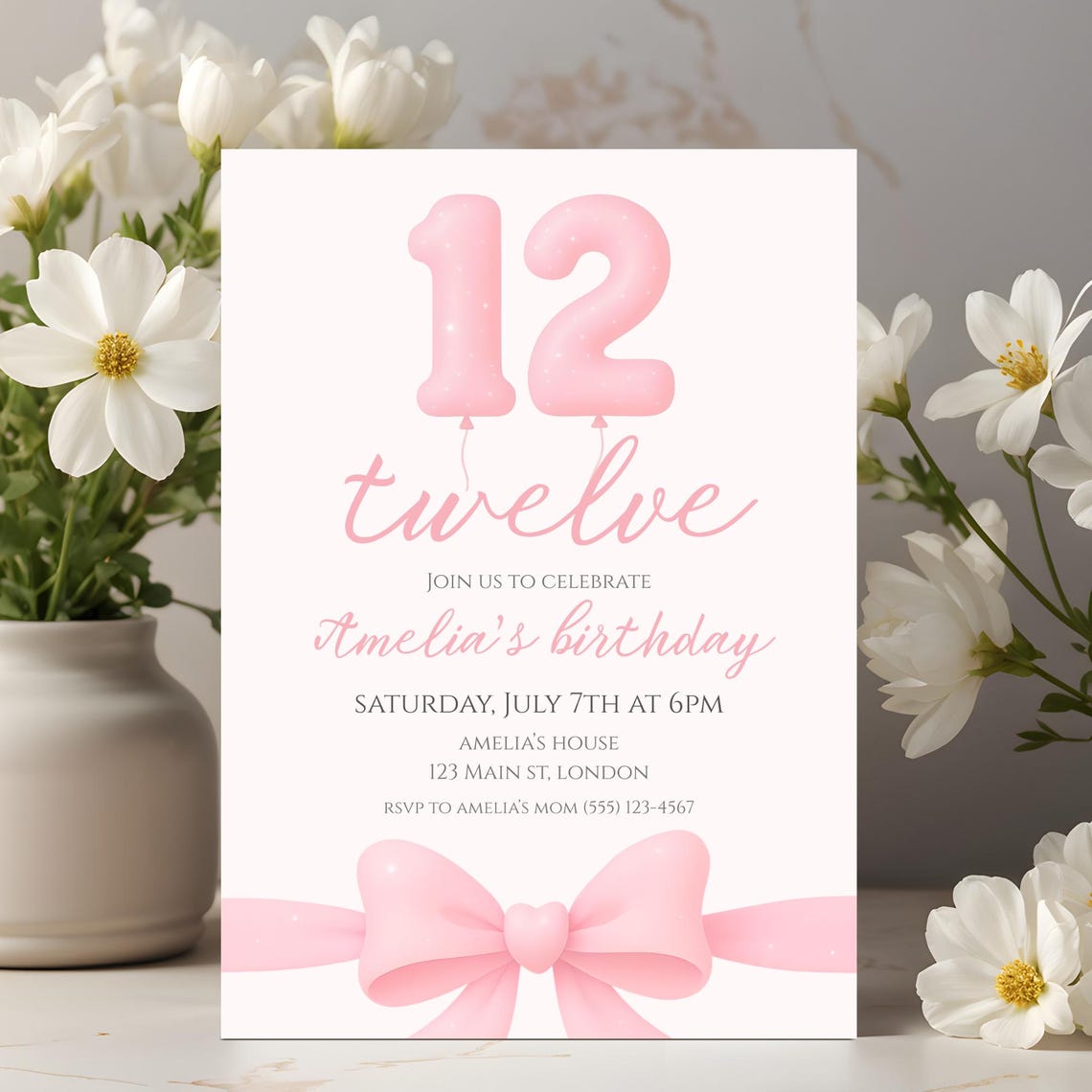 12th Birthday Balloons Invitation Girl Twelveth Birthday Party Invite ...