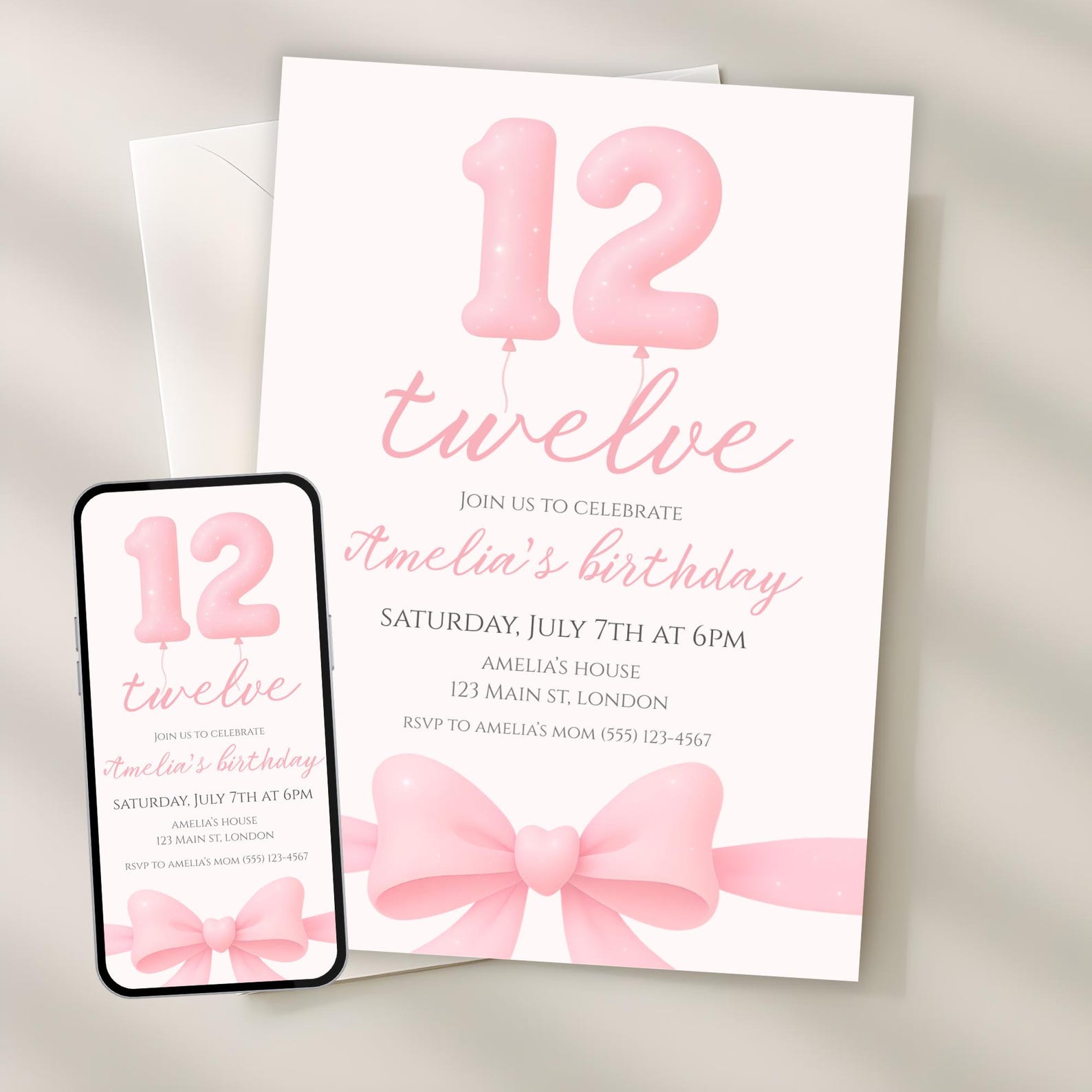 12th Birthday Balloons Invitation Girl Twelveth Birthday Party Invite ...