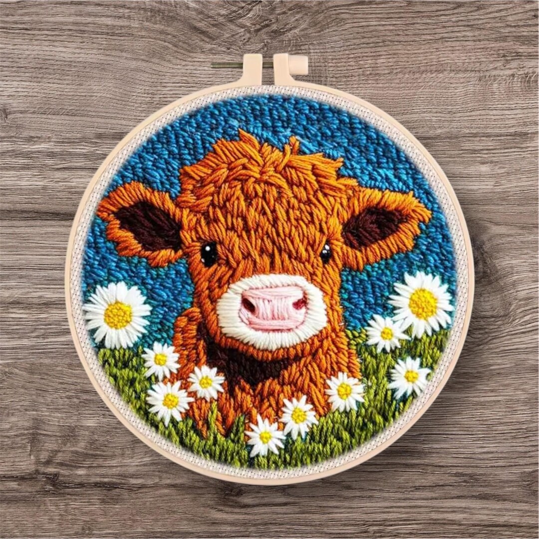 Animal Punch Needle Embroidery Kit: Beginner DIY Yarn Art - Cow & Lion ...