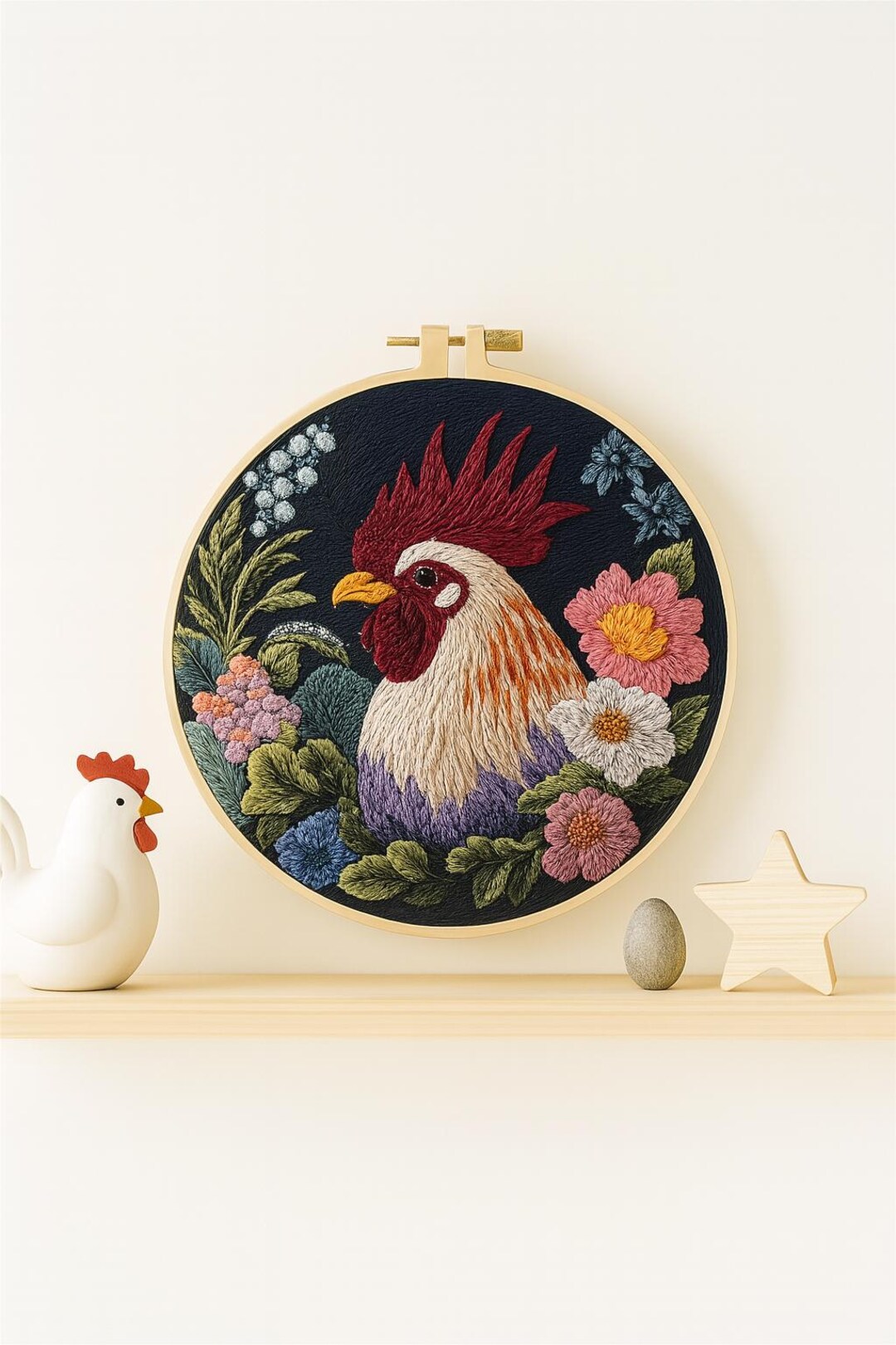 Rooster Embroidery Kit – DIY Botanical Hoop Art With Flowers | Vibrant ...