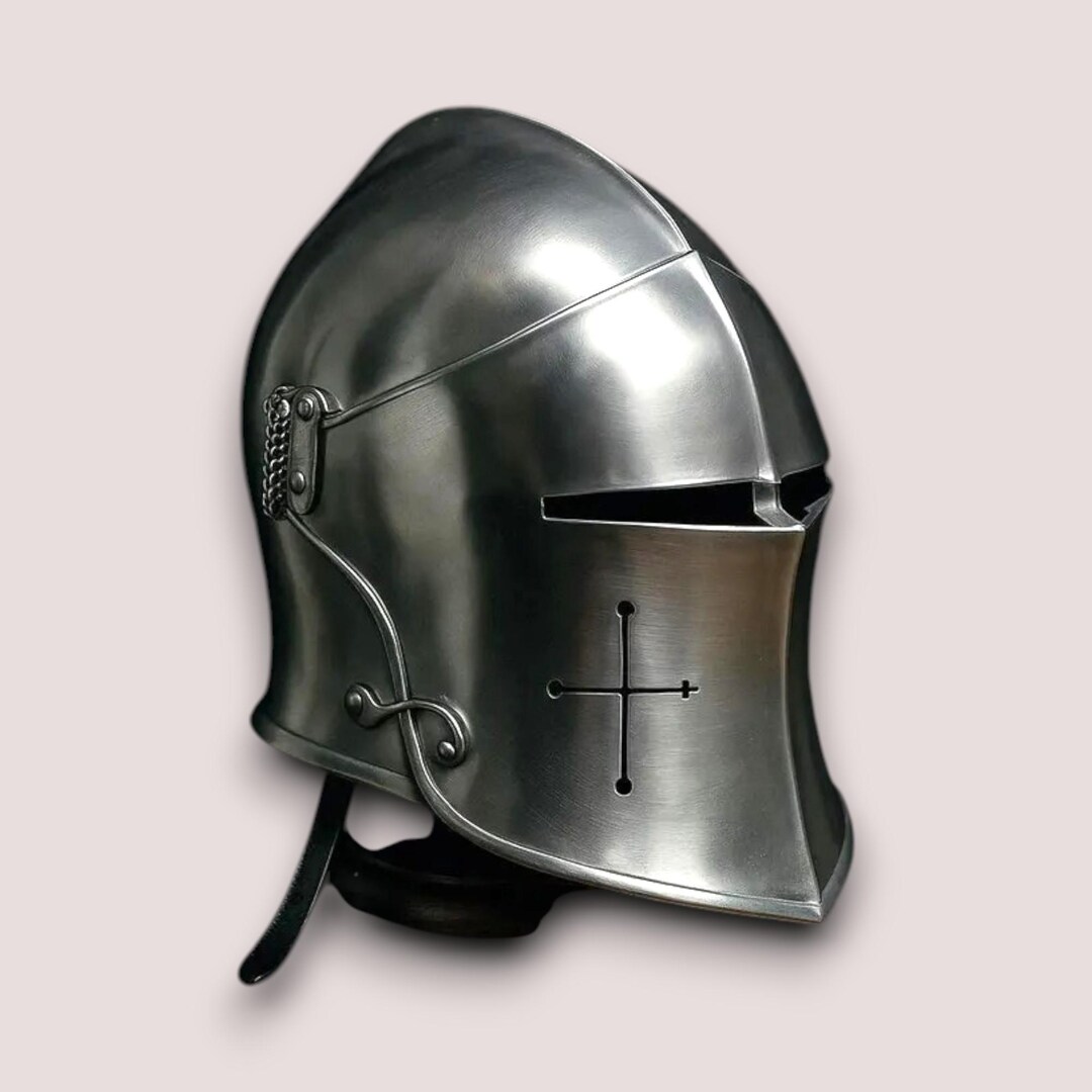 Crusader Bascinet Helmet With Cross Etch – Visored Medieval Barbuta ...