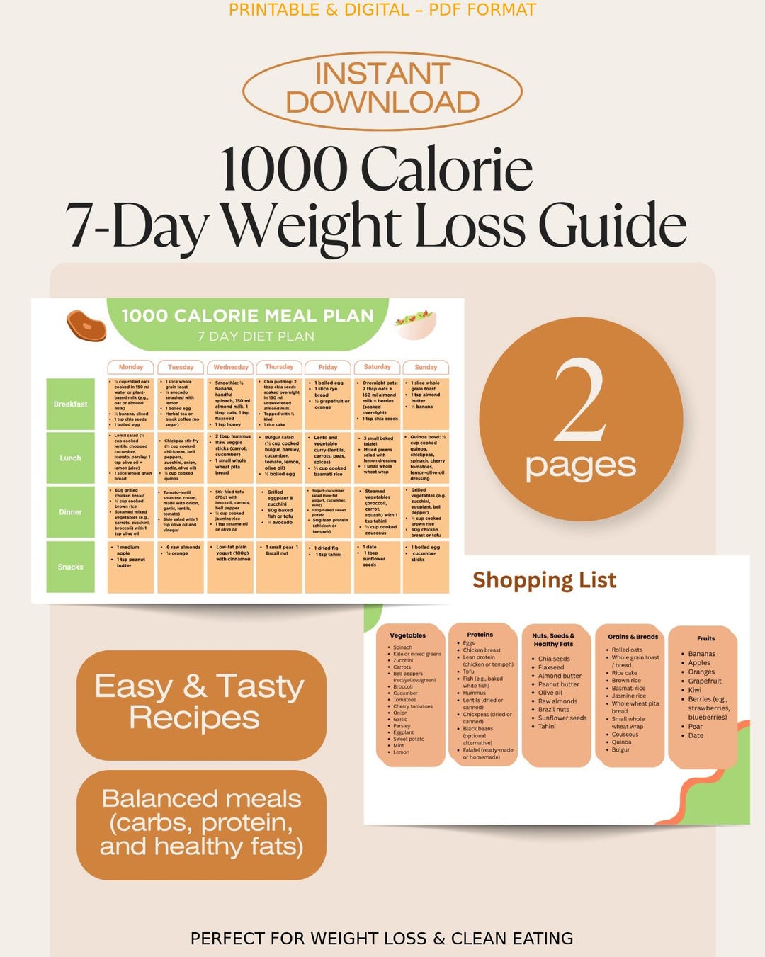 1000 Calorie Diet Plan: 7-day Weight Loss Meal Plan (PDF Downloadable ...
