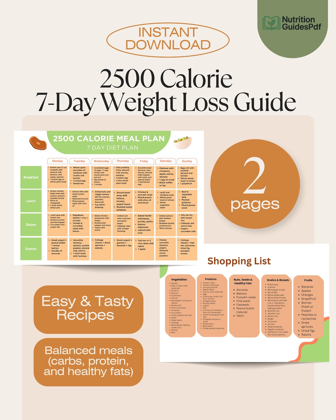 2500 Calorie Detox Diet Plan: 7-day Meal Plan PDF (instant Download) - Etsy
