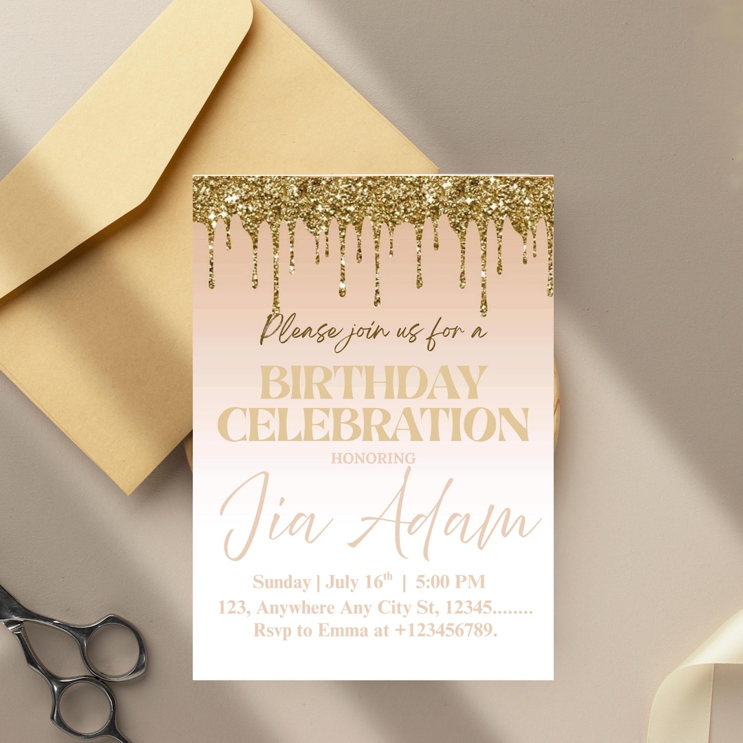 Editable Gold Birthday Celebration Invitation, Birthday Invitation ...