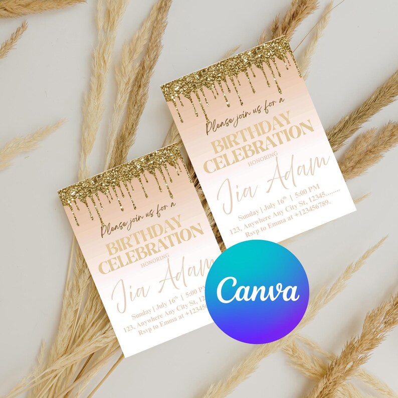 Editable Gold Birthday Celebration Invitation, Birthday Invitation ...
