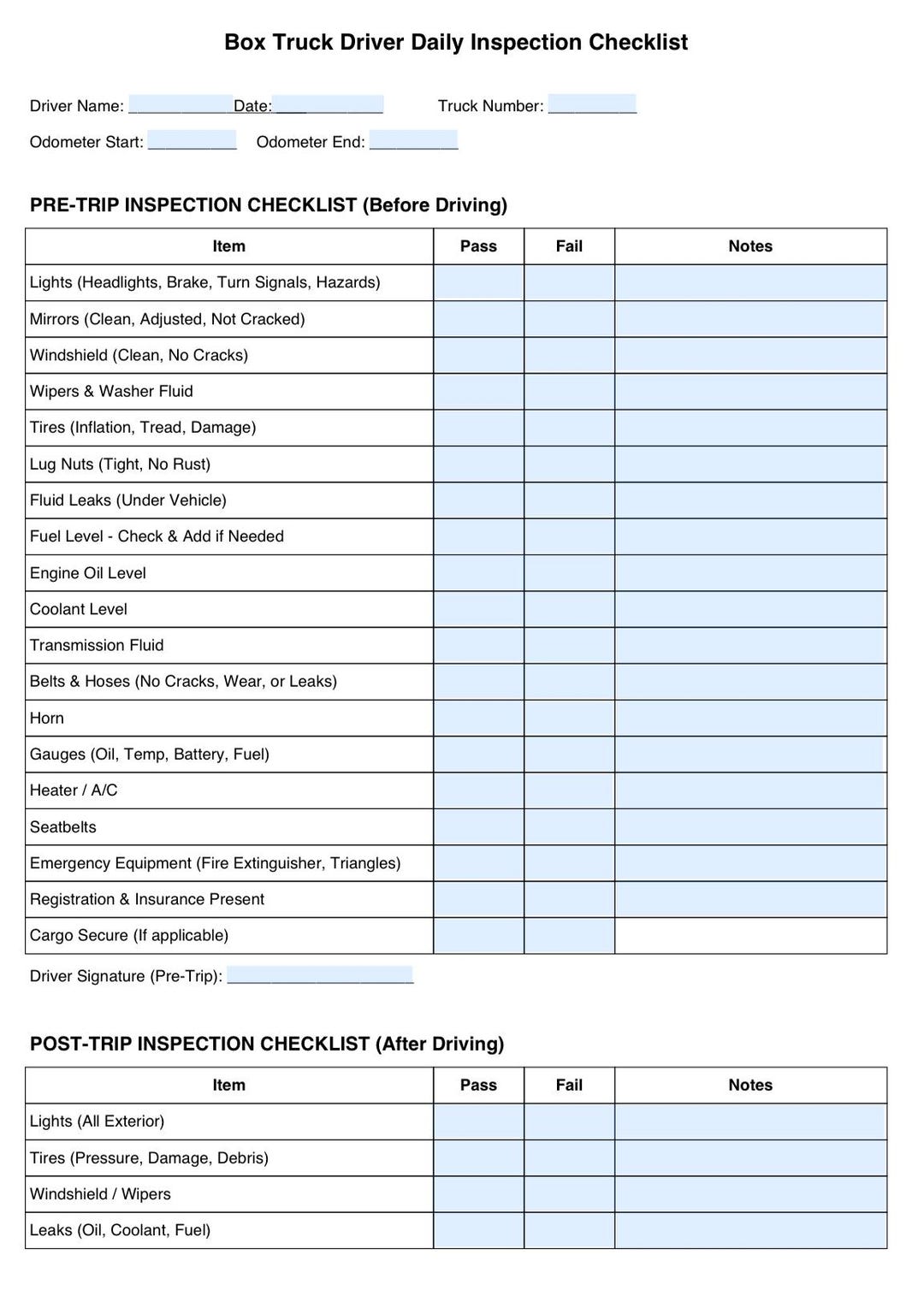 Truck Driver Daily Inspection Checklist | Pre-trip and Post-trip Log ...