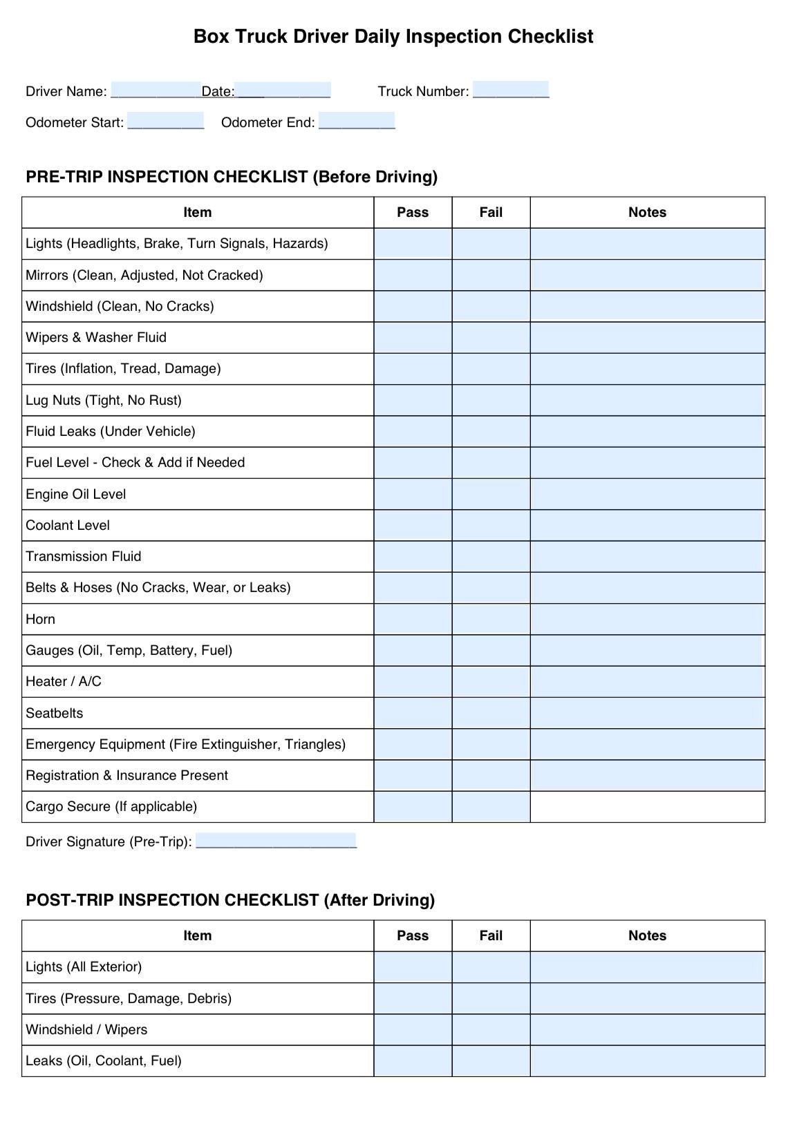 Truck Driver Daily Inspection Checklist | Pre-trip and Post-trip Log ...