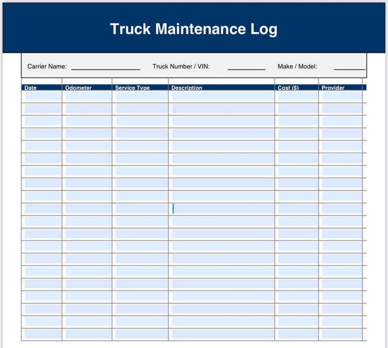 Truck Maintenance Log | Digital PDF for Semi & Box Trucks | Printable ...