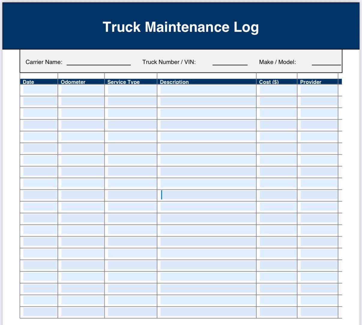 Truck Maintenance Log | Digital PDF for Semi & Box Trucks | Printable ...