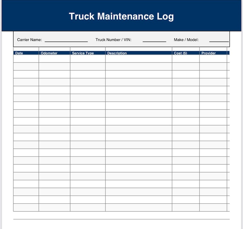 Truck Maintenance Log | Digital PDF for Semi & Box Trucks | Printable ...