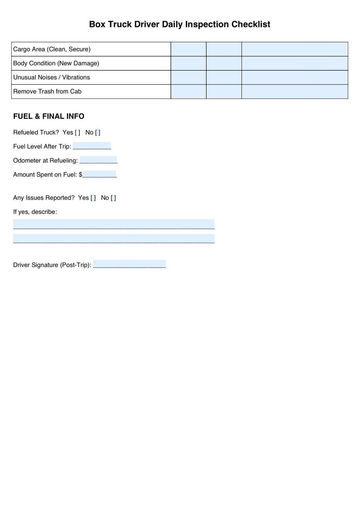 Truck Driver Daily Inspection Checklist | Pre-trip and Post-trip Log ...