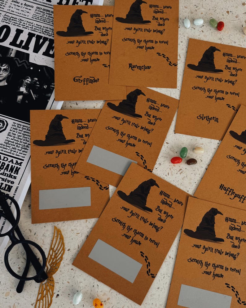 Magic Sorting Game • House Reveal Scratch off Card • Wizard School ...