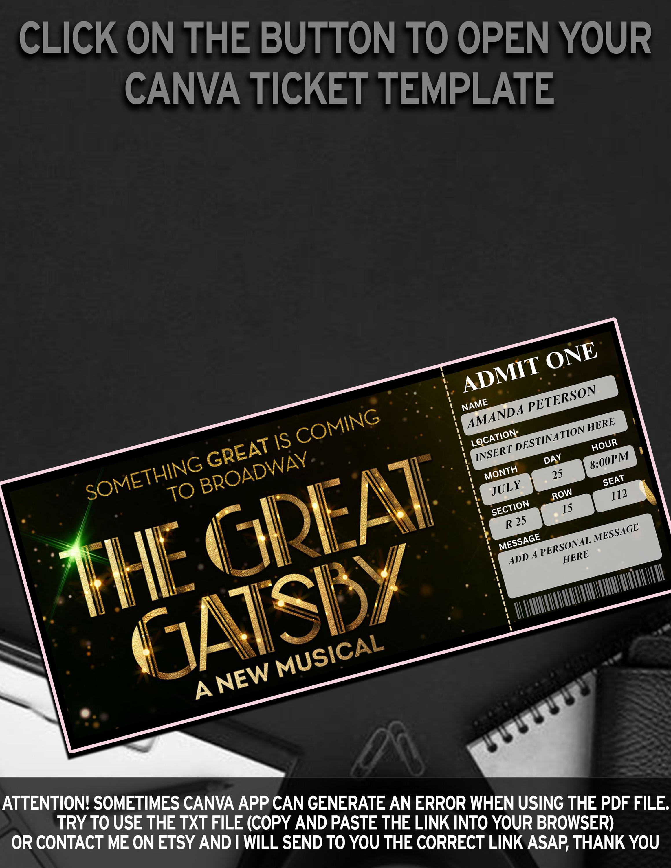 Printable Gatsby Ticket • Editable Digital Musical Ticket • DIY ...