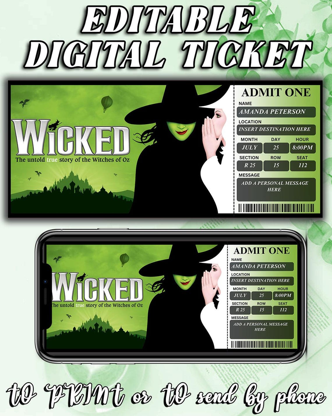 Editable Wicked Broadway Ticket: Musical Theatre Keepsake (printable ...