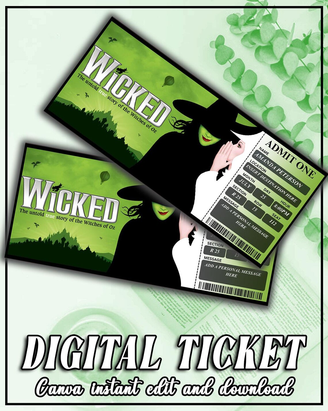 Editable Wicked Broadway Ticket: Musical Theatre Keepsake (printable ...
