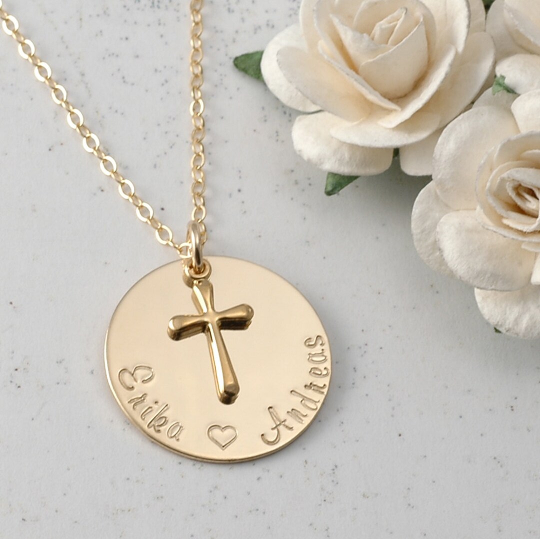 Personalized Gold Charm Necklace - Hand Stamped - With Gold Cross Charm ...