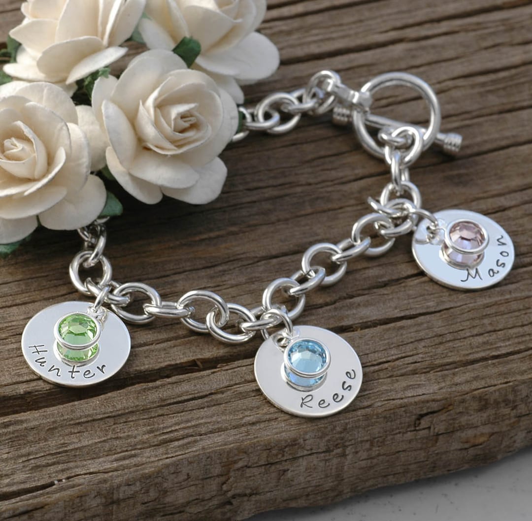 Three Disc Personalized Name Charm Bracelet With Birthstones Mom or ...