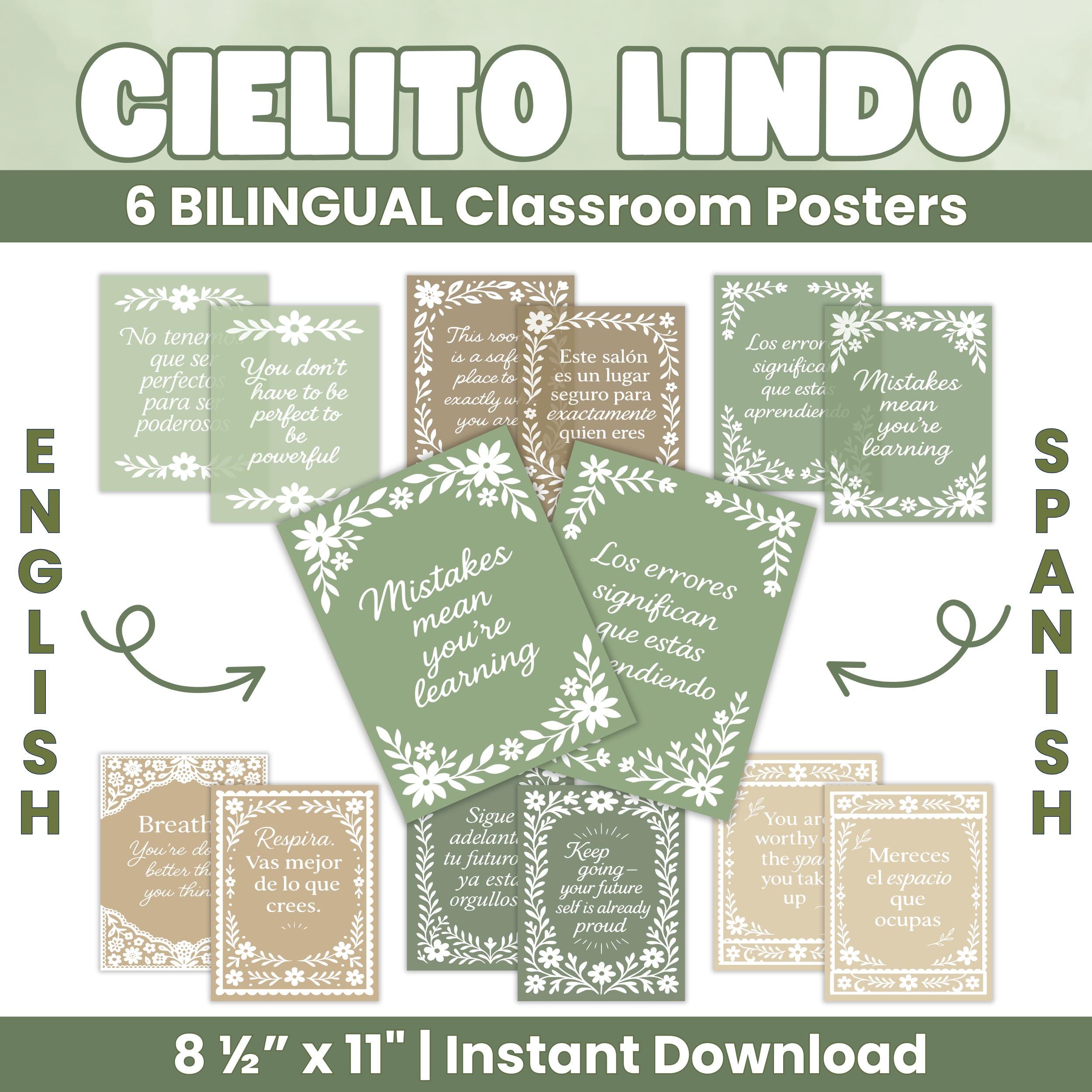 Bilingual Cielito Lindo Sage Green Classroom Posters Set of 6 Printable ...
