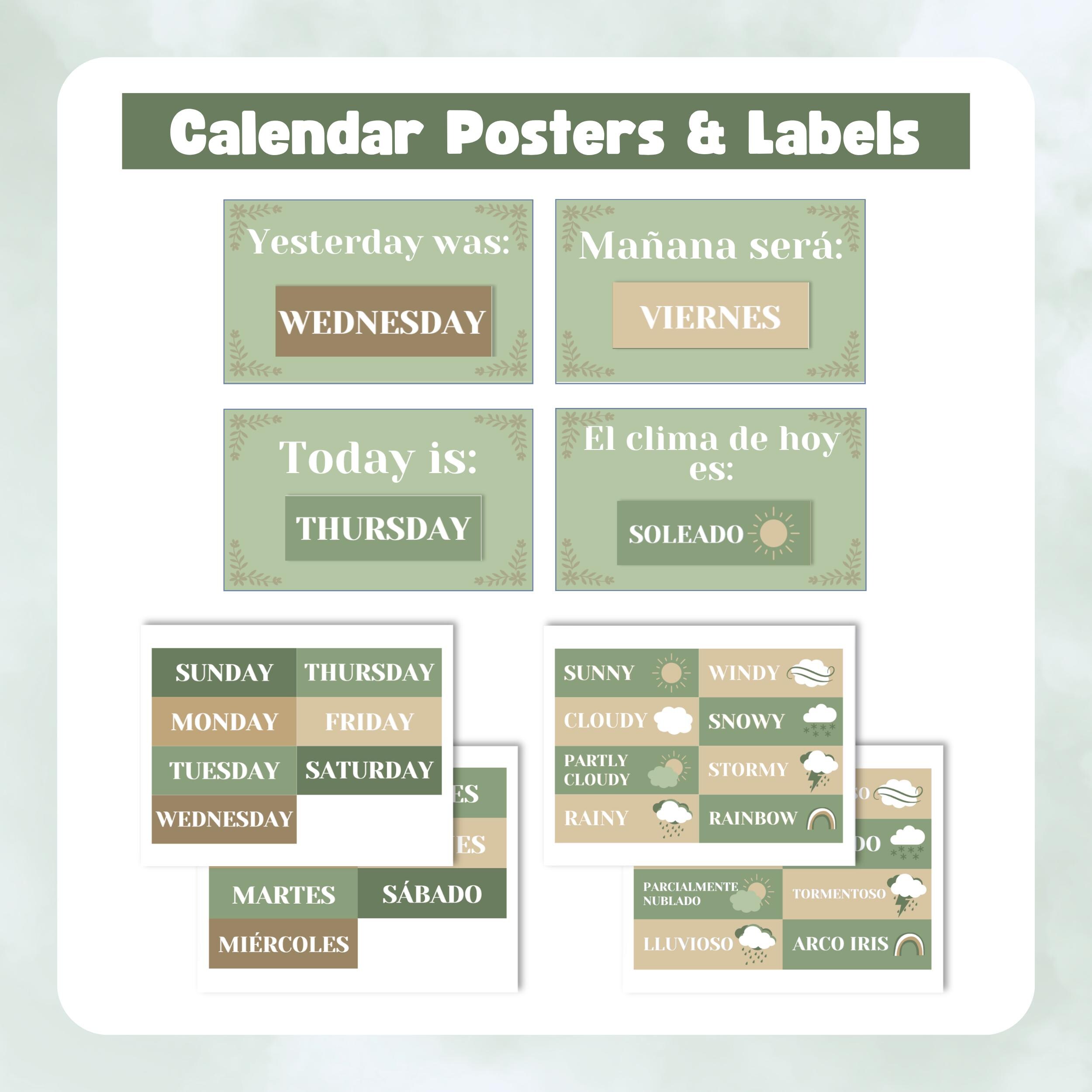 Bilingual Classroom Calendar Sage Green Neutral Cielito Lindo Theme ...