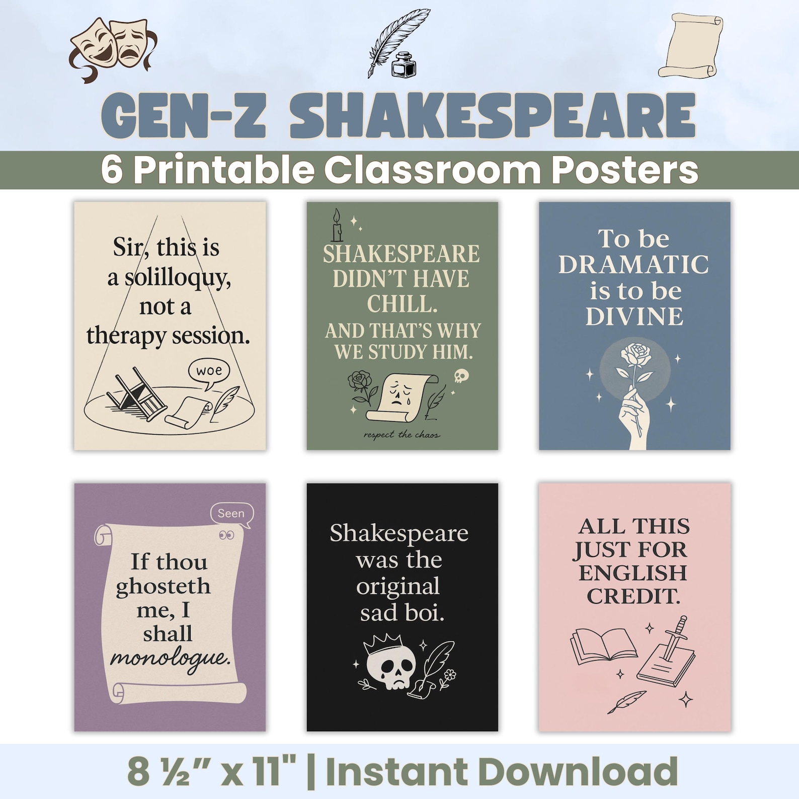 Gen Z Slang Shakespeare Posters Funny English Classroom Decor Boho ...
