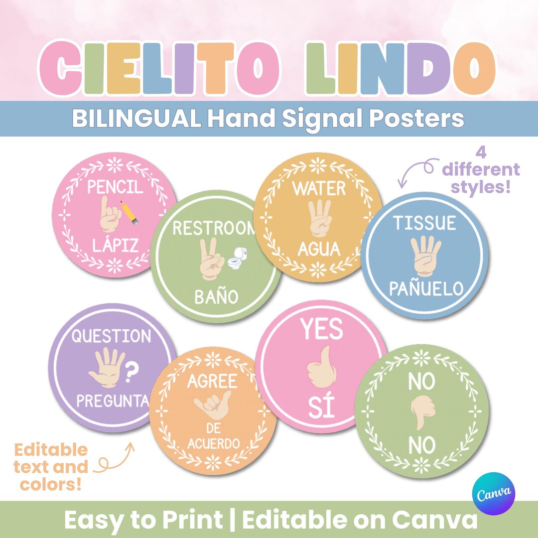 Bilingual Cielito Lindo Hand Signal Posters | Editable Pastel Spanish ...
