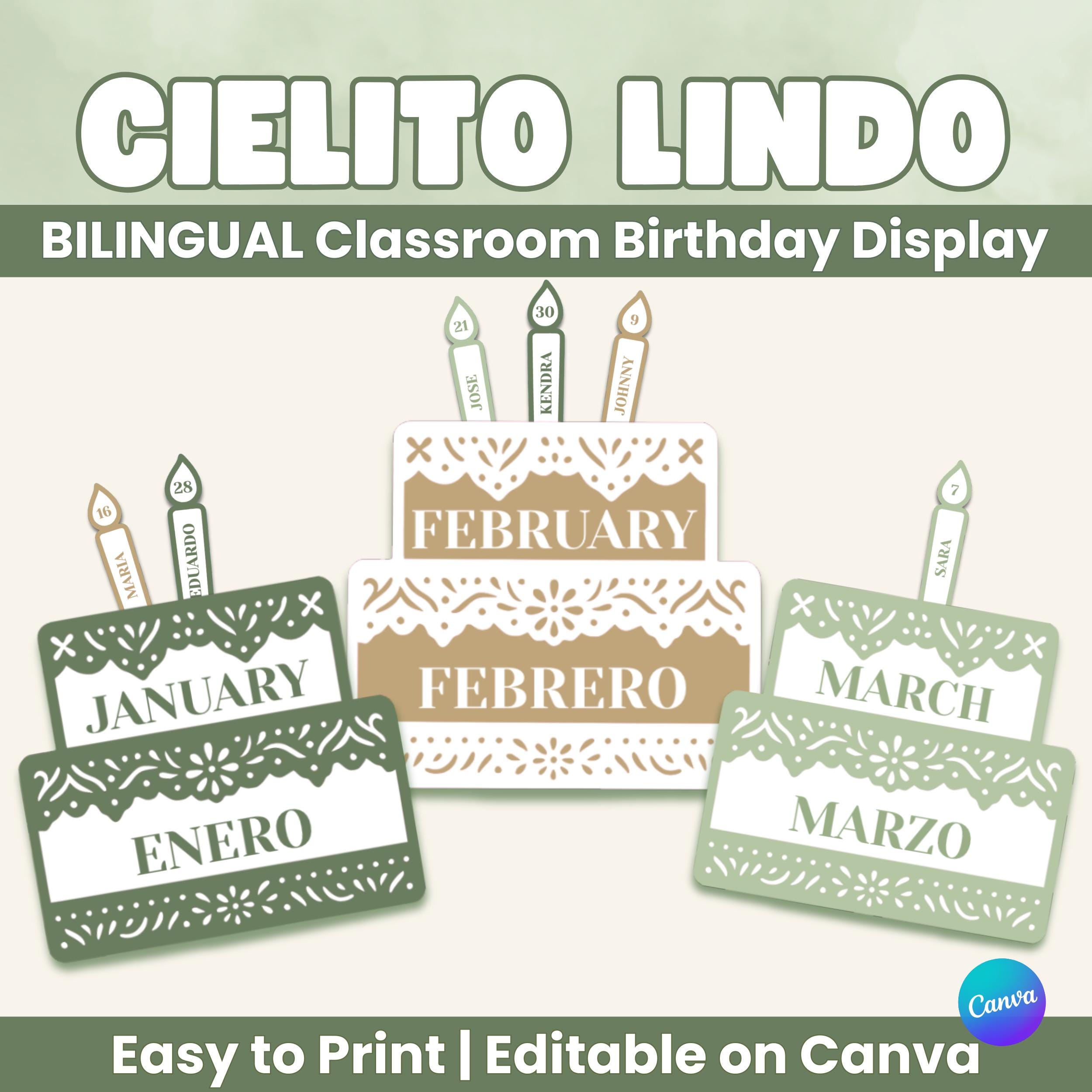 Bilingual Classroom Birthday Display Green Neutral Cielito Lindo Theme ...