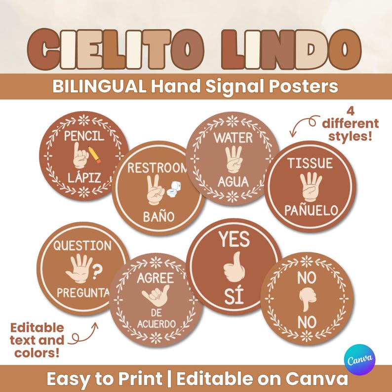 Bilingual Classroom Hand Signal Posters Neutral Cielito Lindo Theme ...