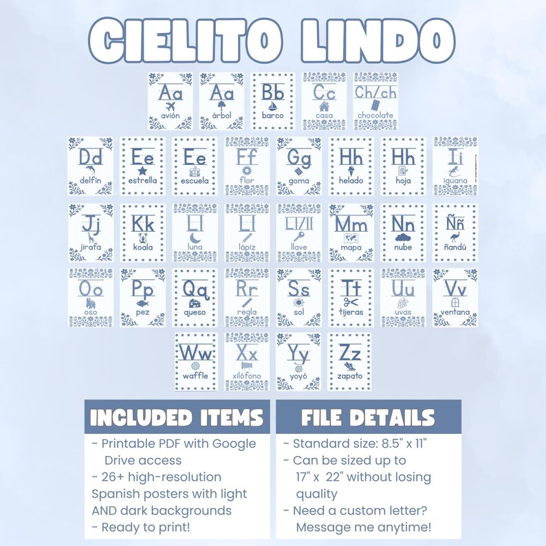 Spanish Alphabet Posters Blue Set Cielito Lindo ABC Decor Printable ...