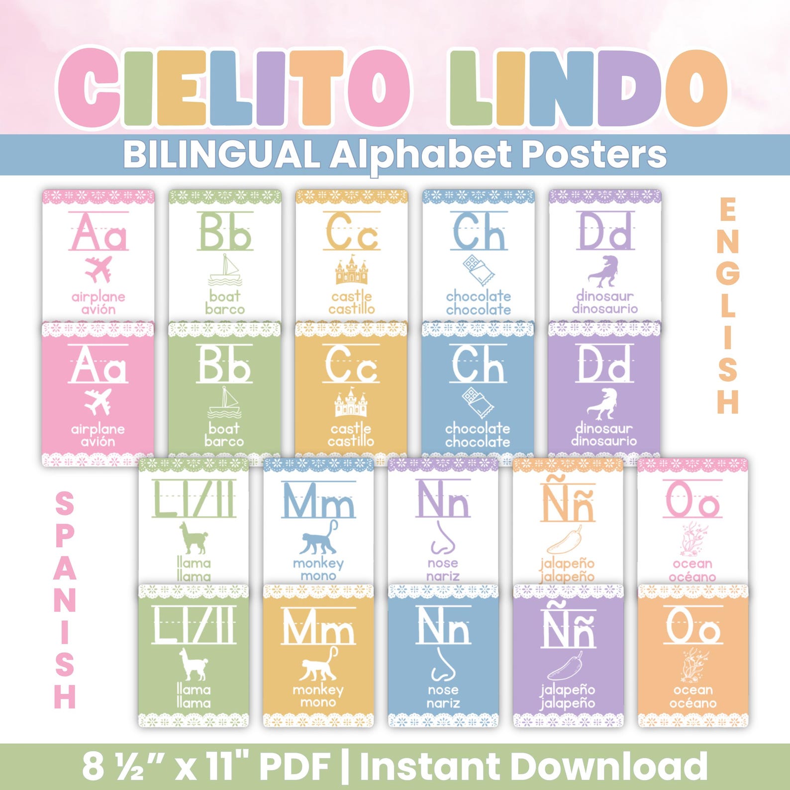 Cielito Lindo Bilingual Alphabet Posters Pastel Rainbow Classroom Decor ...