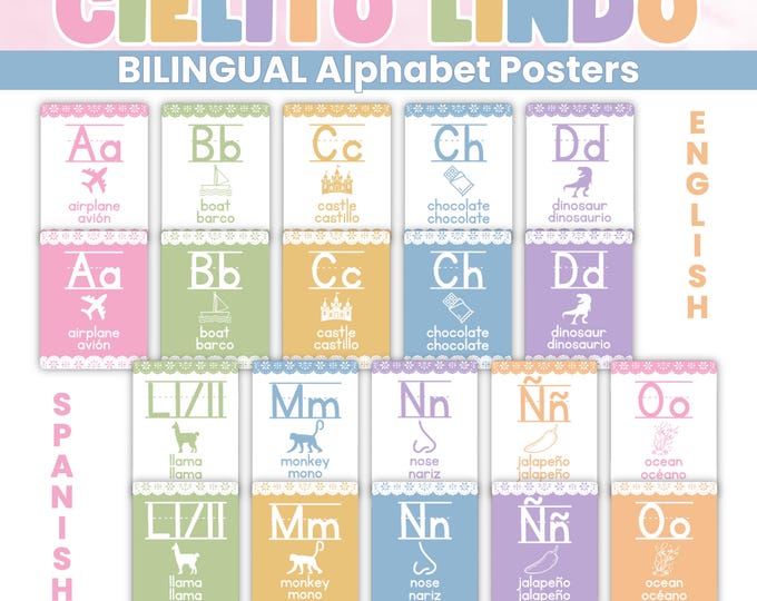 Cielito Lindo Bilingual Alphabet Posters Pastel Rainbow Classroom Decor ...