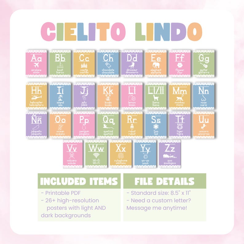 Cielito Lindo Bilingual Alphabet Posters Pastel Rainbow Classroom Decor ...