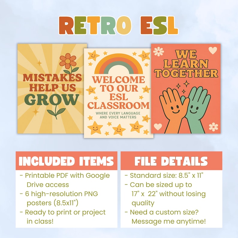 ESL Classroom Decor Groovy Retro Printable Posters for ELL ELD Teachers ...