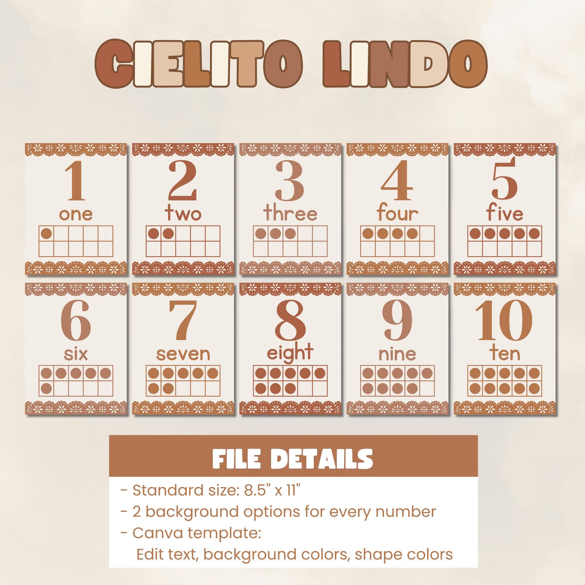 Cielito Lindo 1 to 10 Number Posters Editable Canva Template Neutral ...