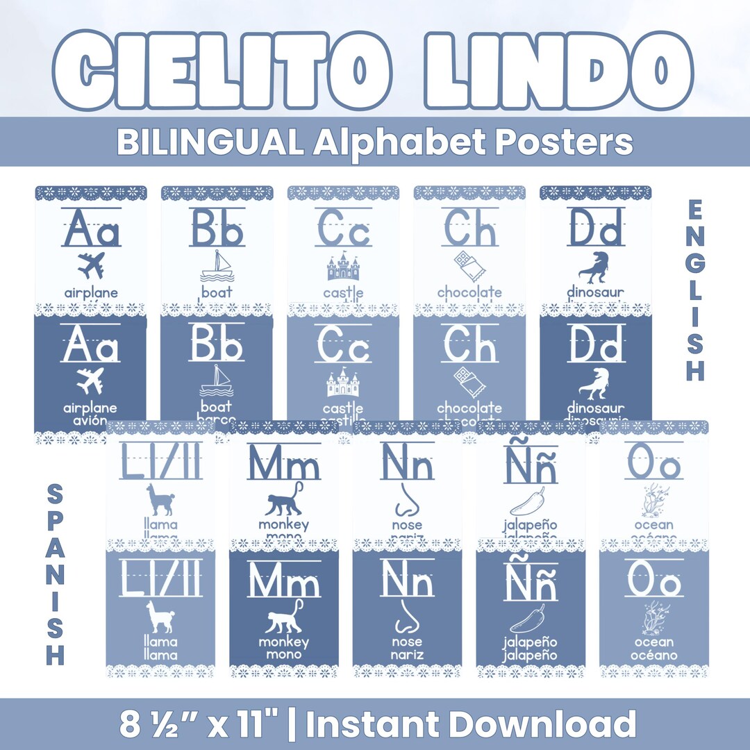 Bilingual Classroom Alphabet Posters PDF Blue Cielito Lindo Style ...