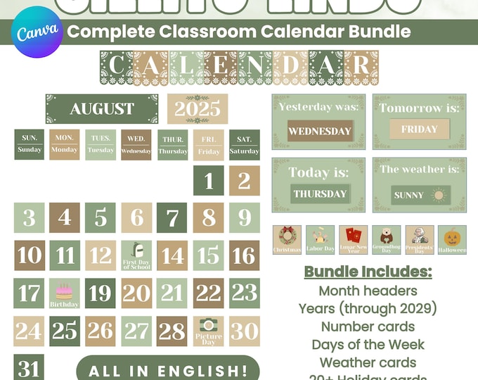 Editable Classroom Calendar Bundle Cielito Lindo Theme Sage Green ...